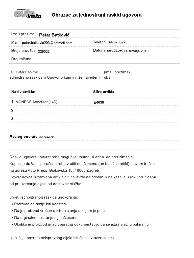 Obrasci Raskid Ugovora I Povrat Novaca | PDF