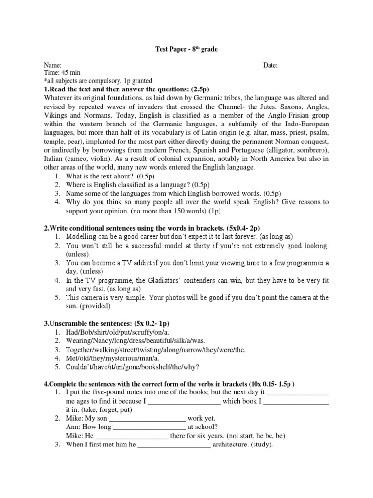 Test Paper 8th Grade | PDF | English Language | Linguistic Typology