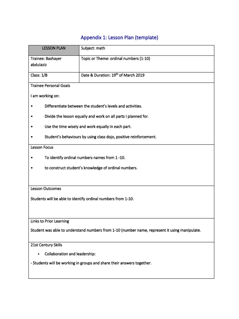 Appendix 1: Lesson Plan (Template) | PDF | Lesson Plan | Teachers