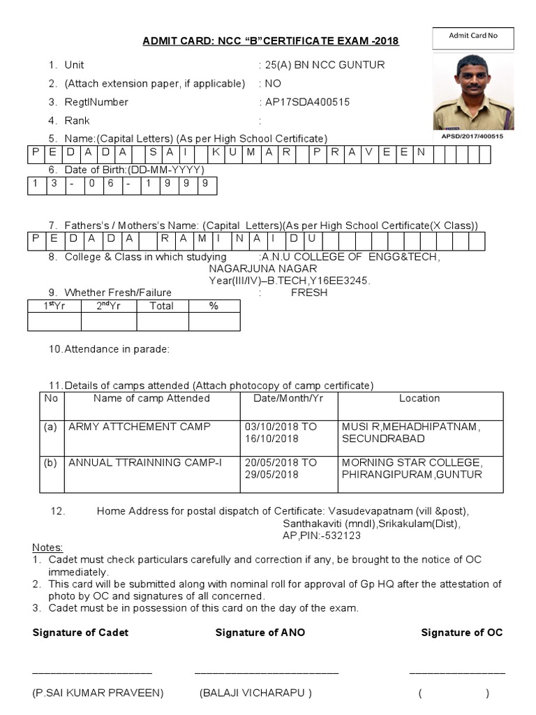 Admit Card: NCC "B"Certificate Exam - 2018: ST ND | PDF