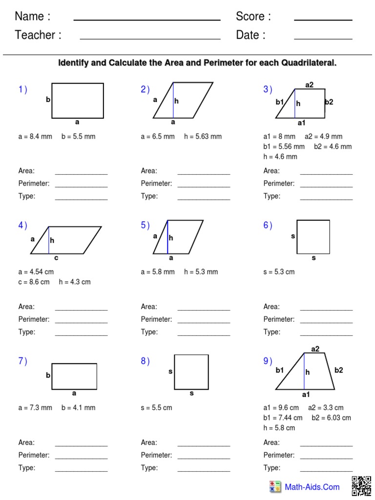 Name: Teacher: Date: Score:: Identify and Calculate The Area and ...