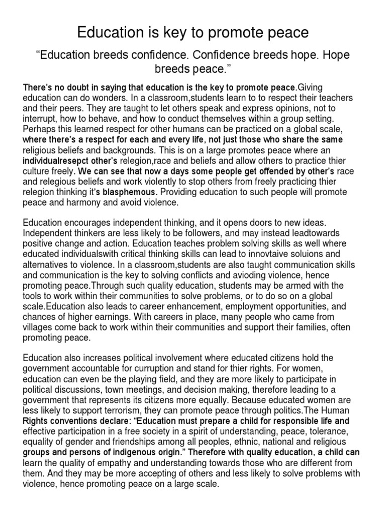 Education Is Key To Promote Peace: "Education Breeds Confidence ...