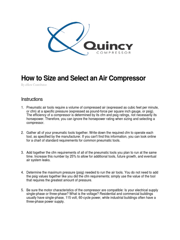 How To Size and Select An Air Compressor | PDF | Horsepower | Pressure
