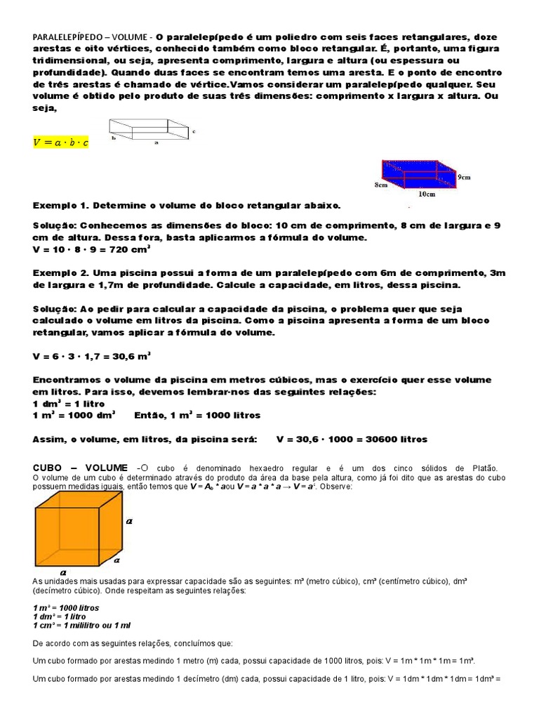 Exercicios Volume Do Cubo e Do Paralelepípedo | PDF | Litro | Polítopo