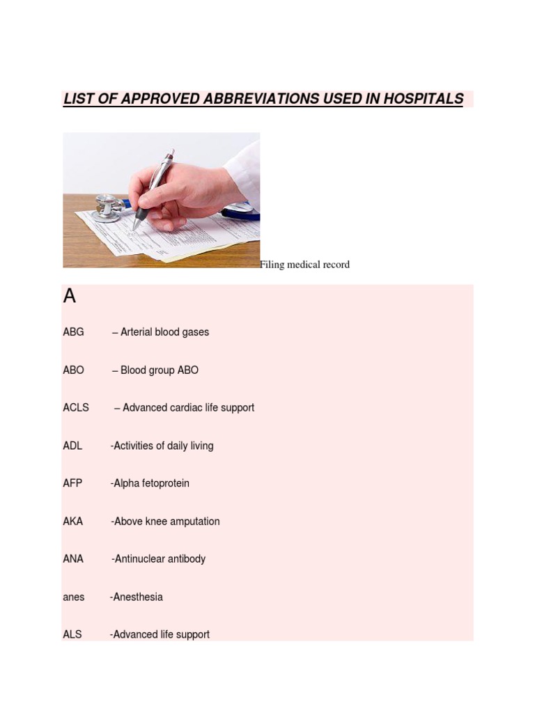 List of Approved Abbreviations Used in Hospitals: Filing Medical Record ...
