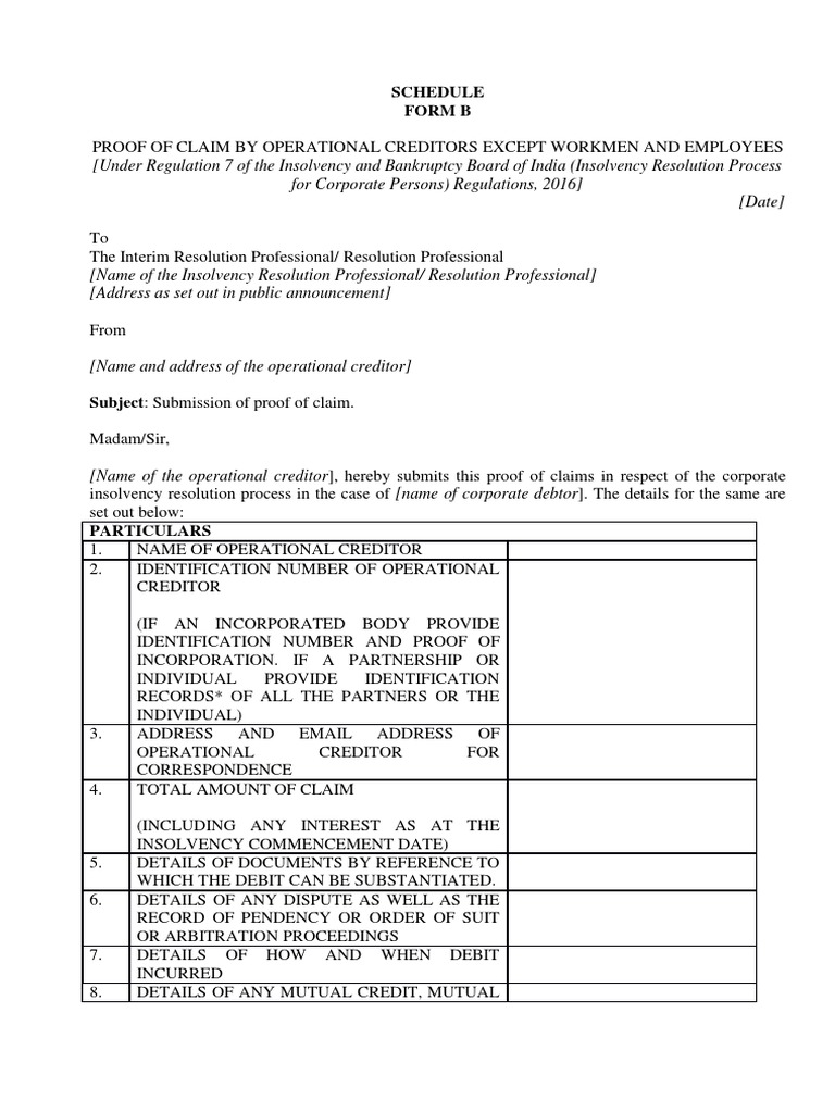 Form B: Operational Creditor Claim Submission | PDF | Bankruptcy ...