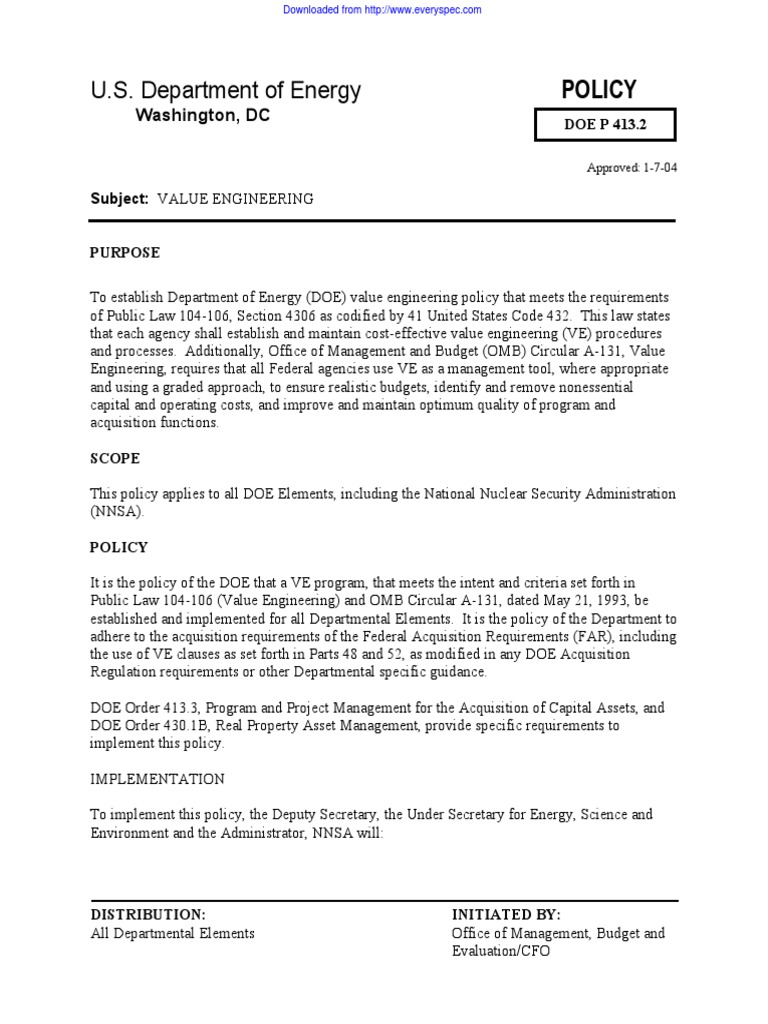 DOE Policy Establishes Value Engineering Requirements | PDF | United ...