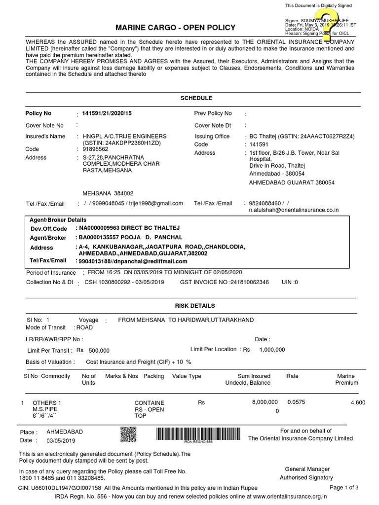 Declaration of Marine Cargo Insurance Policy Covering Transit of M.S ...
