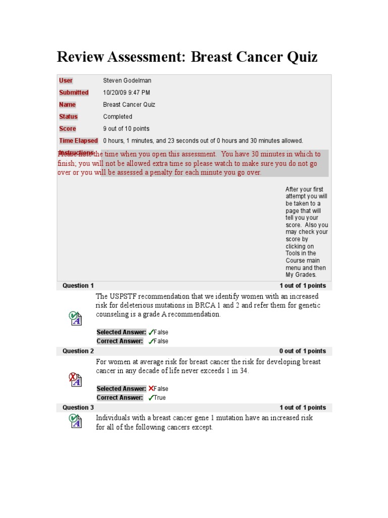 Breast Cancer Quiz | PDF | Mammography | Breast Cancer