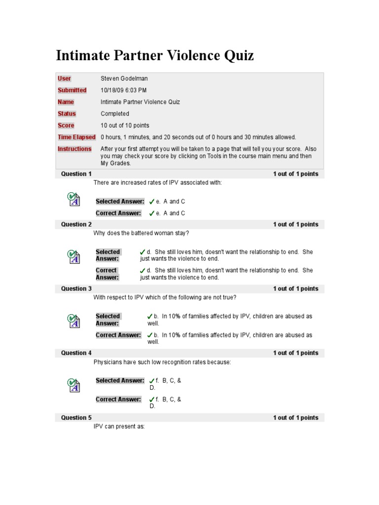 Intimate Partner Violence Quiz | PDF | Violence | Domestic Violence