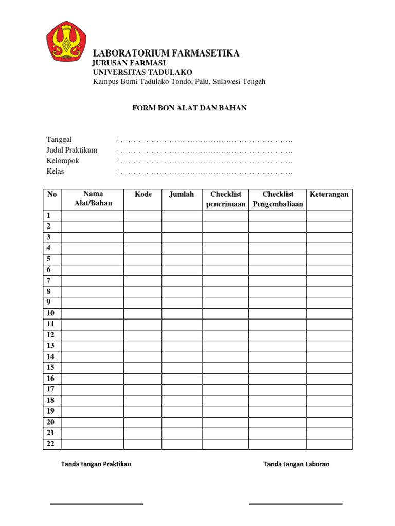 Form Bon Alat dan Bahan Praktikum Farmasi | PDF | Sains & Matematika