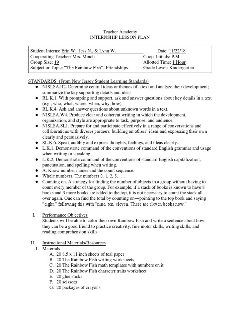 Kindergarten Rainbow Fish Lesson Plan | PDF | Cognition | Behavior ...