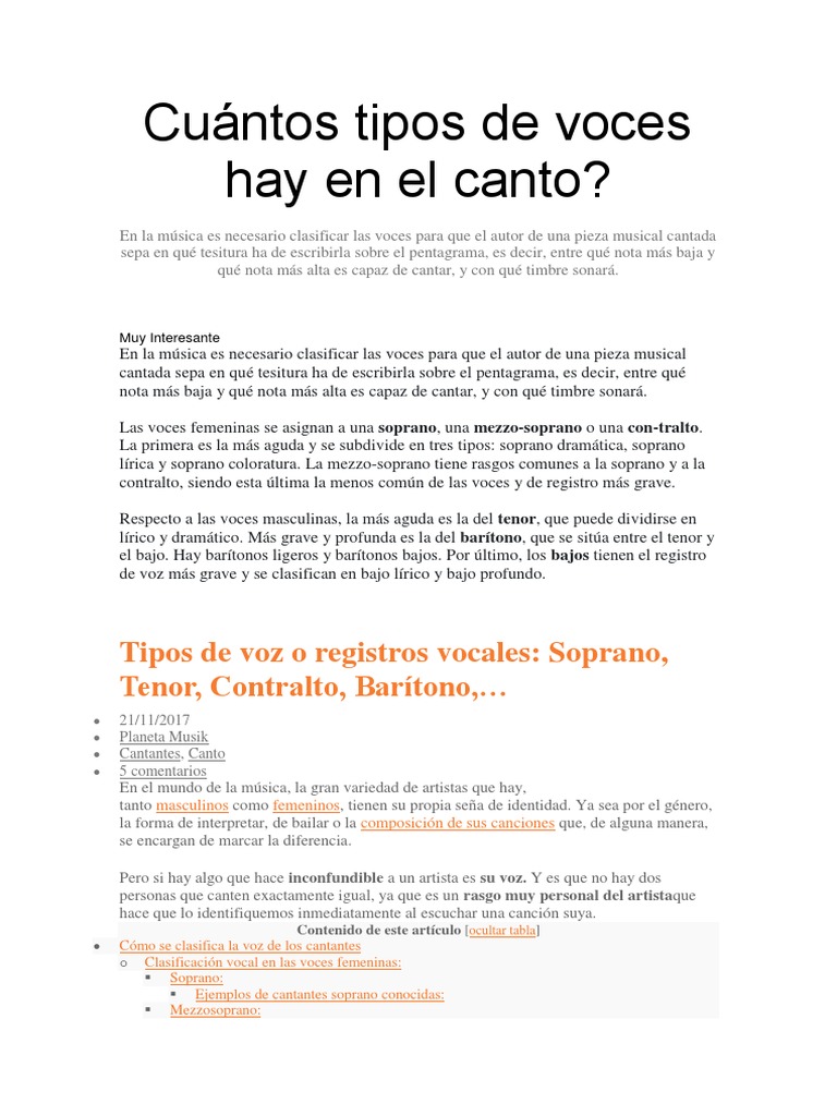 Cuántos Tipos de Voces Hay en El Canto | PDF | Composiciones | Voz humana