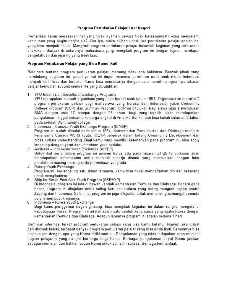 Program Pertukaran Pelajar Luar Negeri | PDF