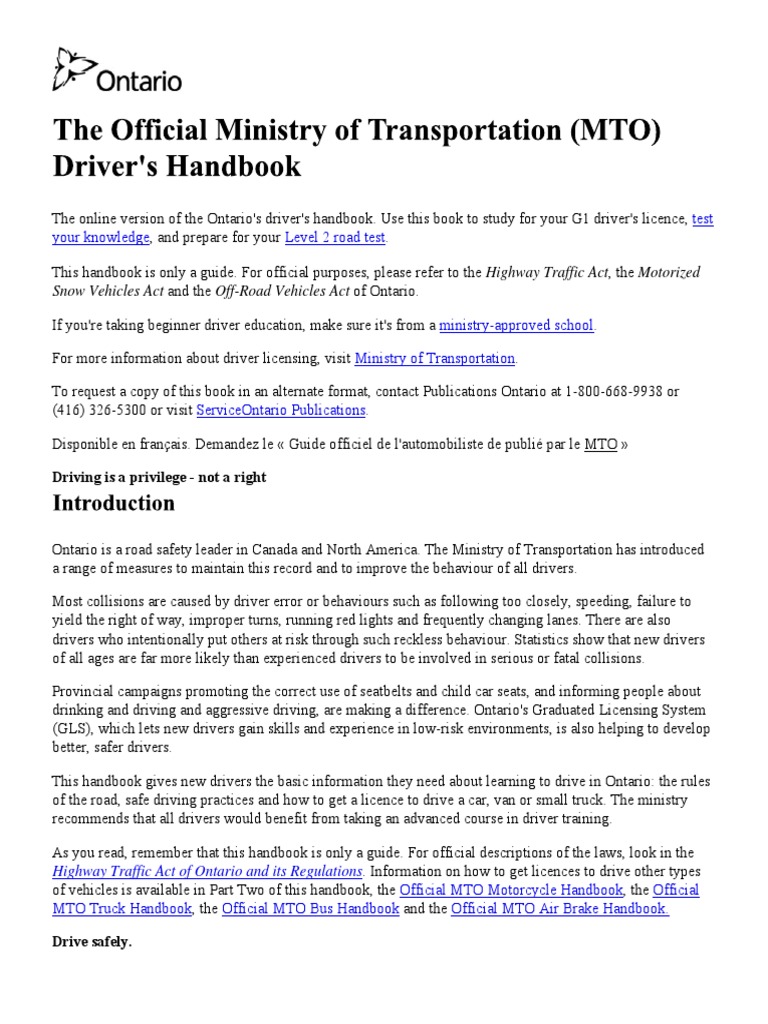 The Official Ministry of Transportation (MTO) Driver's Handbook PDF ...