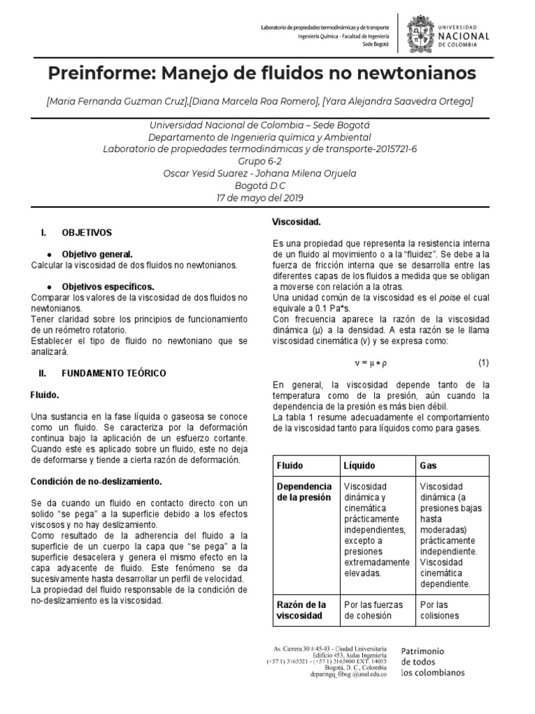 Pre Informe - Manejo de Fluidos No-Newtonianos. | PDF | Viscosidad | Fluido