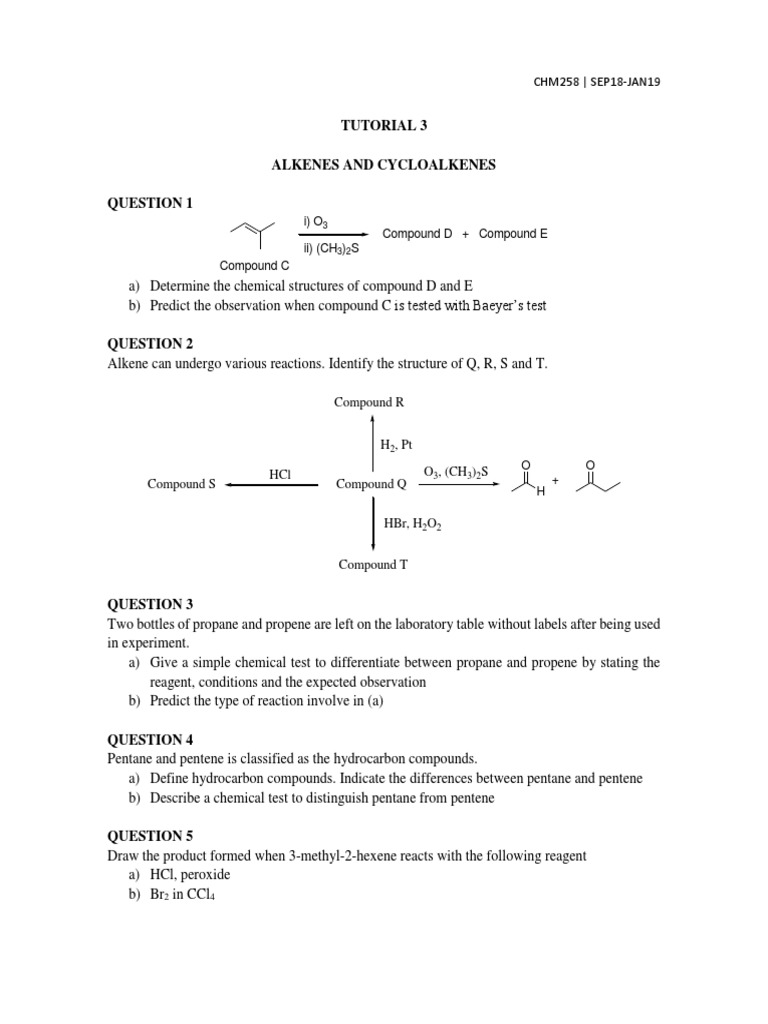 Tutorial 3: CHM258 - SEP18-JAN19 | PDF | Alkene | Unit Processes