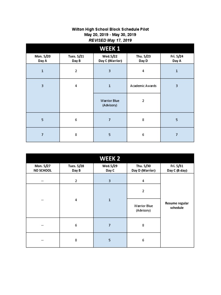WHS Block Schedule Pilot 5.20-5.30.19 | PDF | Education Issues | Schools