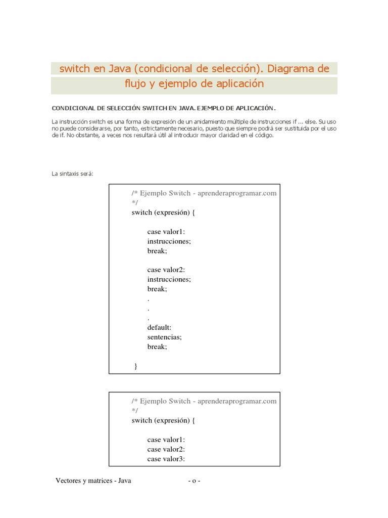 Switch y Cectores y Matrices en Java PDF | PDF | Estructura de datos de ...