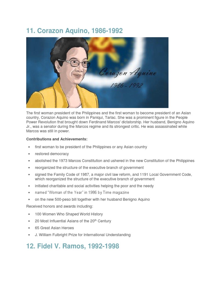 Corazon Aquino 1986 1992 Contributions And Achievements Pdf