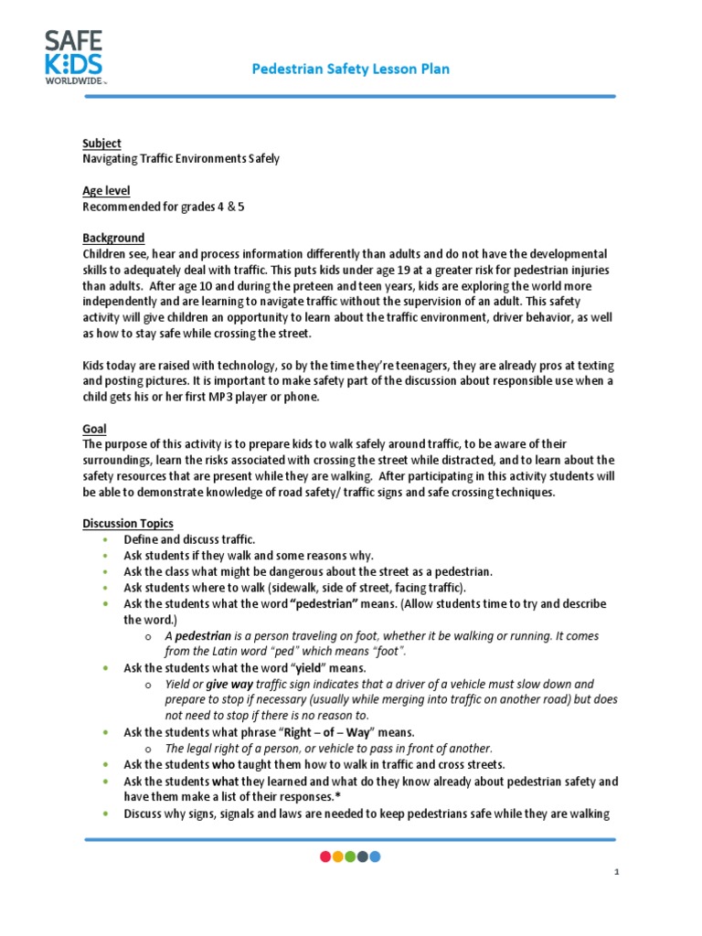 Pedestrian Safety Lesson Plan for Kids | PDF | Traffic | Pedestrian ...