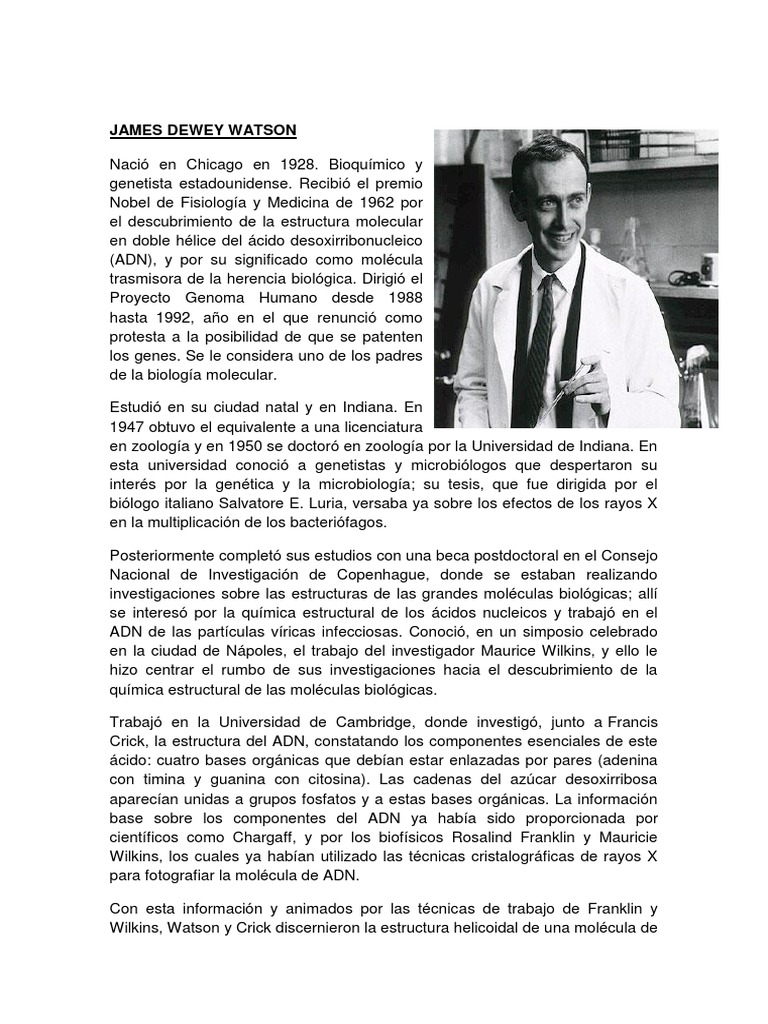 James Dewey Watson: Pionero de la biología molecular y descubridor de la estructura del ADN ...