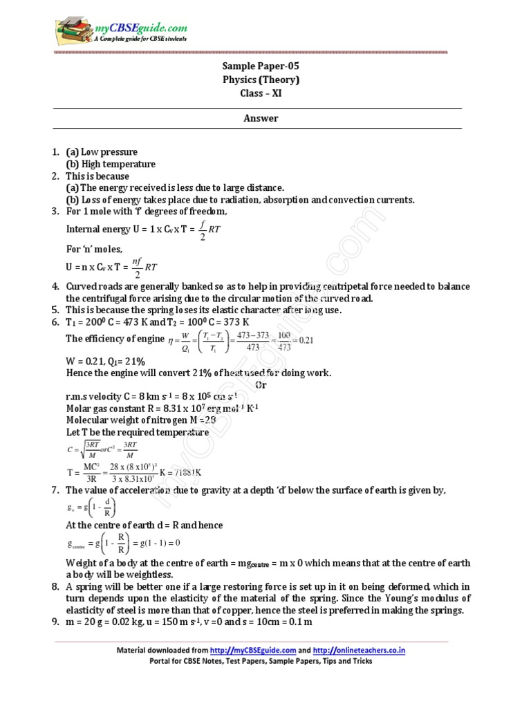 Sample Paper-05 Physics (Theory) Class - XI Answer: T T W Q T | PDF ...