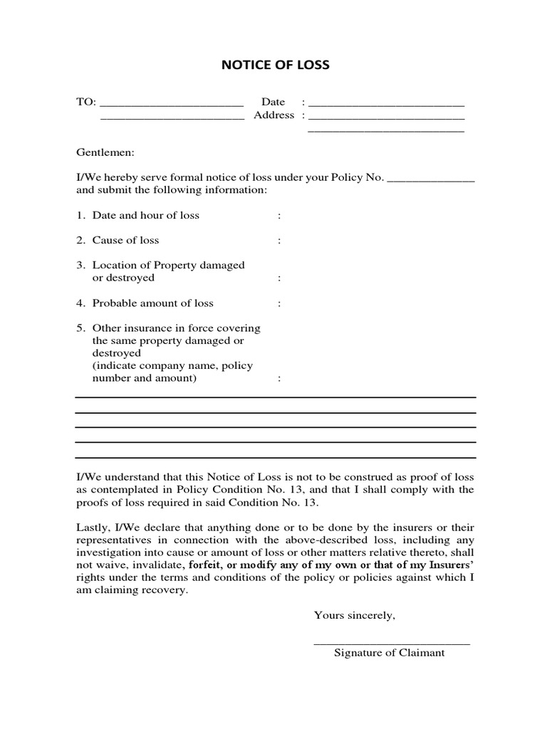 Notice of Loss Submission Template | PDF | Business | Finance & Money ...