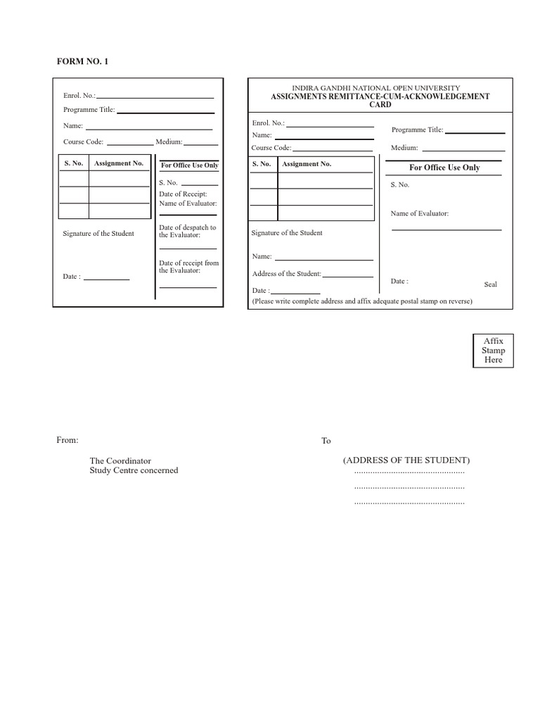 Form No. 1: For Office Use Only S. No. Assignment No. S. No. Assignment ...