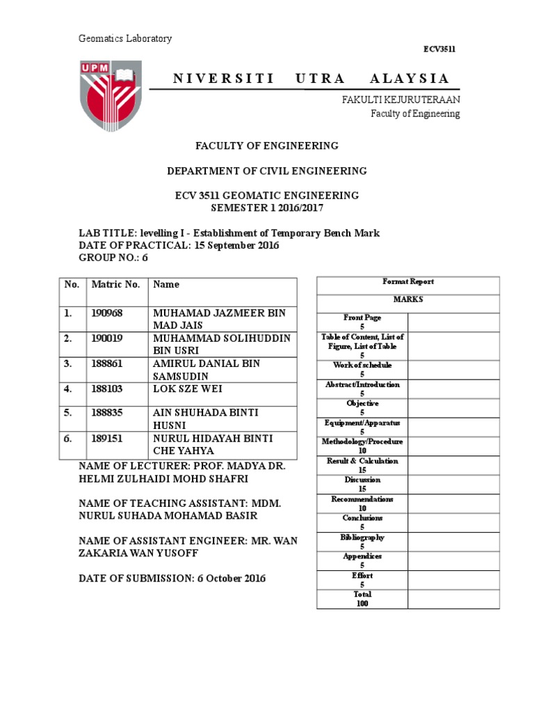 Establishing a Temporary Bench Mark through First Order Levelling | PDF ...