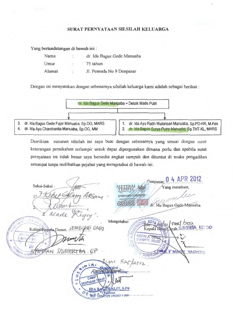 Surat Pernyataan Silsilah Keluarga Tahun 2012 Prof DR IBG Manuaba | PDF