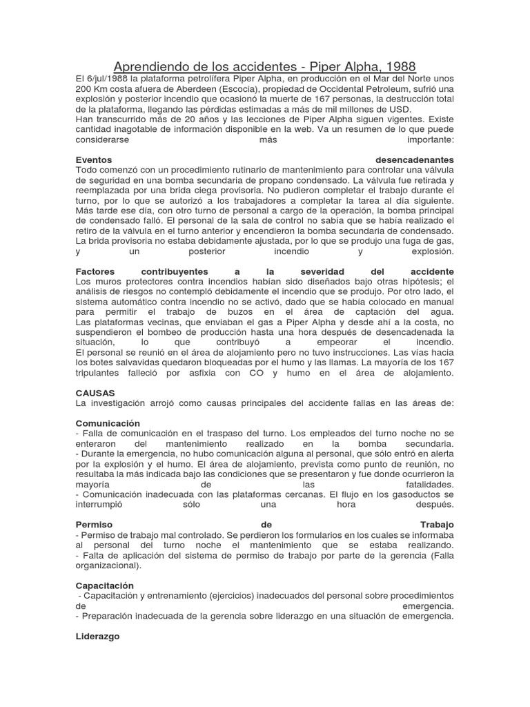 Lecciones del desastre Piper Alpha | PDF | Gas natural | Energía y recursos