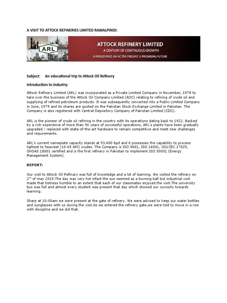 A Visit To Attock Refineries Limited Rawalpindi | PDF | Oil Refinery ...