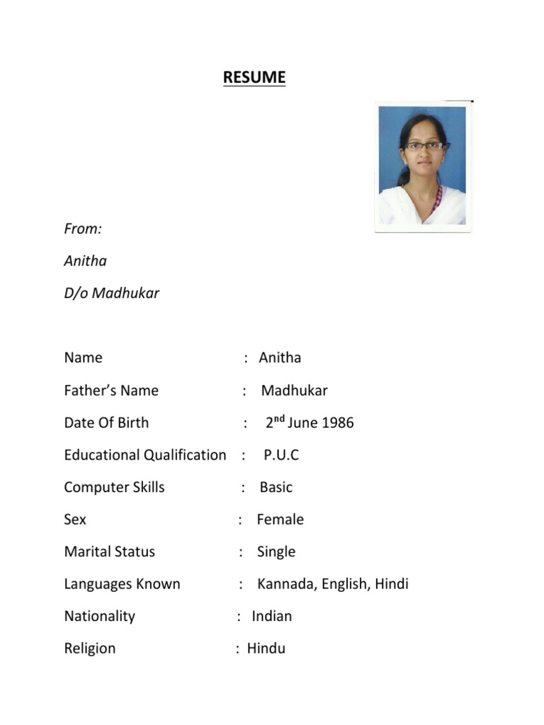 Resume: From: Anitha D/o Madhukar | PDF | Religion And Belief
