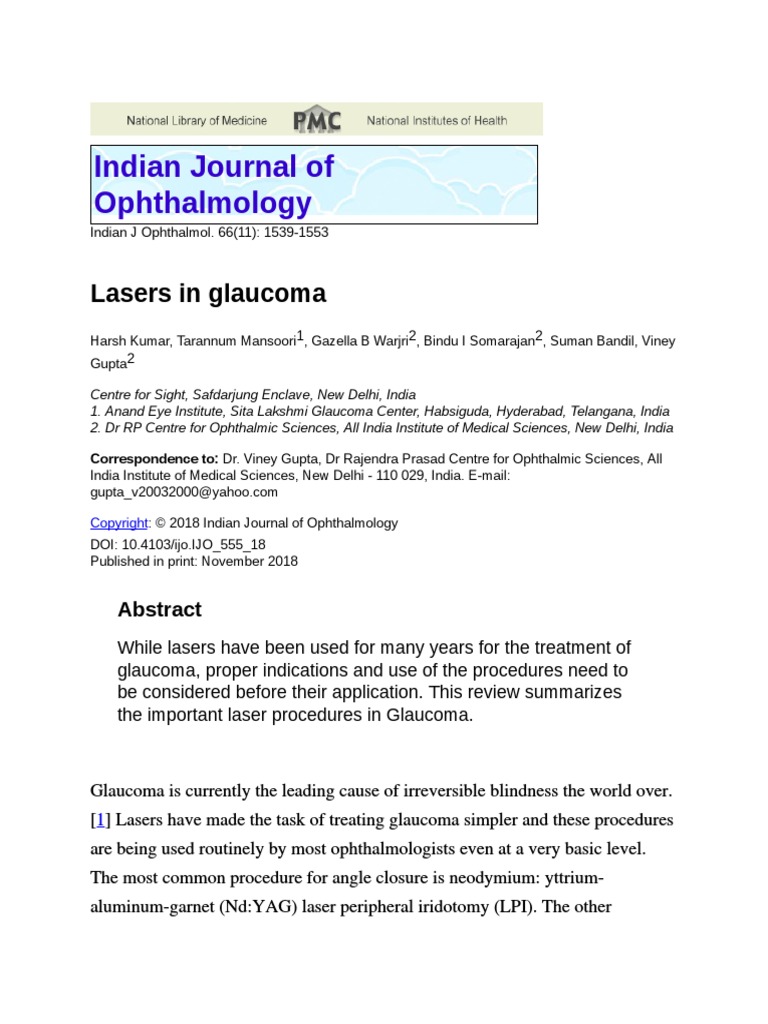 Indian Journal of Ophthalmology: Lasers in Glaucoma | PDF | Glaucoma ...