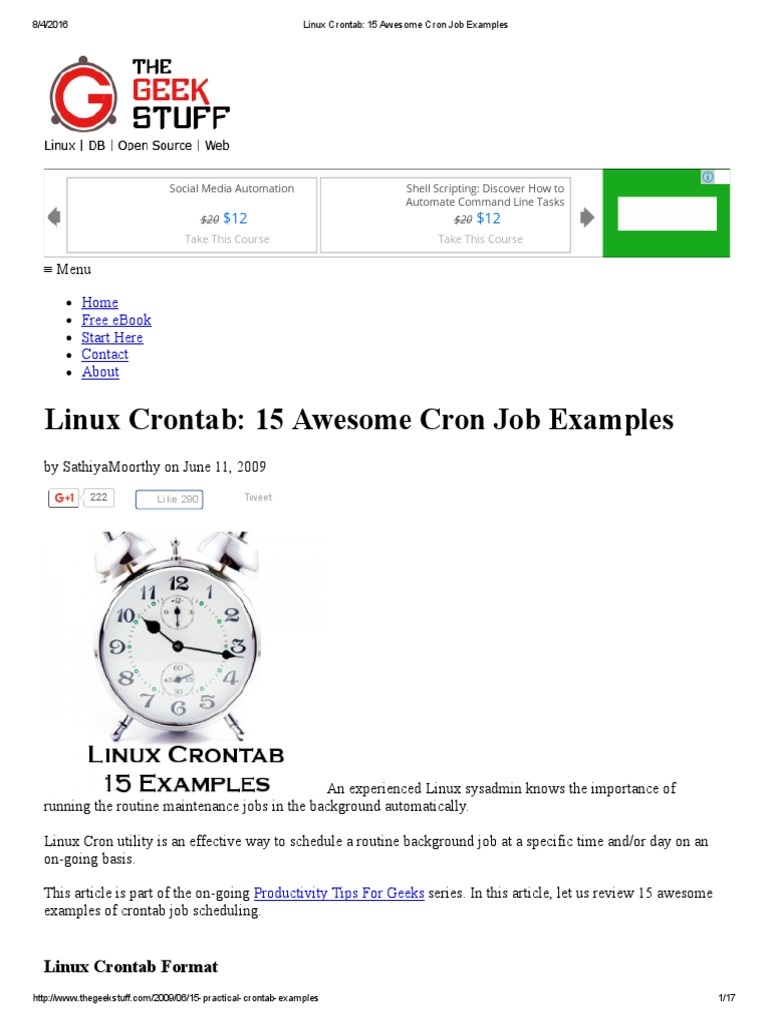 Linux Crontab - 15 Awesome Cron Job Examples | PDF | Unix | System Software