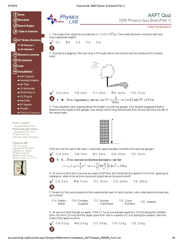 PhysicsLAB - 2006 Physics Quiz Bowl (Part 1) | PDF | Force | Inertia