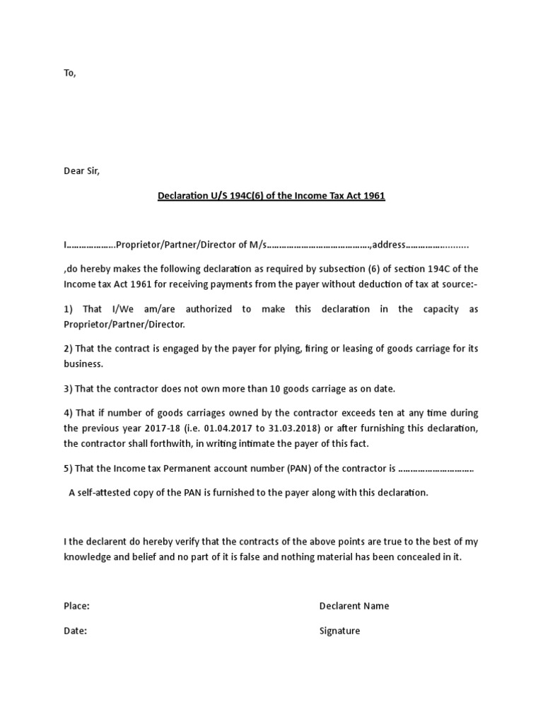 TDS Declaration Form under Section 194C(6) | PDF | Finance & Money ...