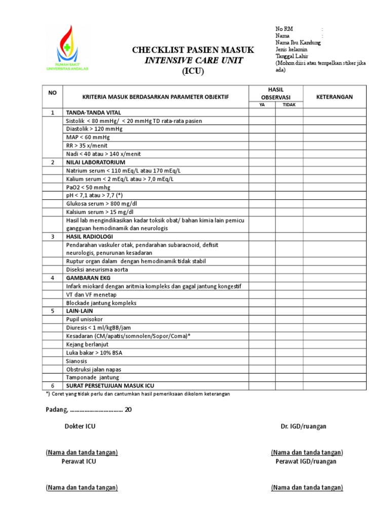 Checklist Pasien Masuk ICU | PDF