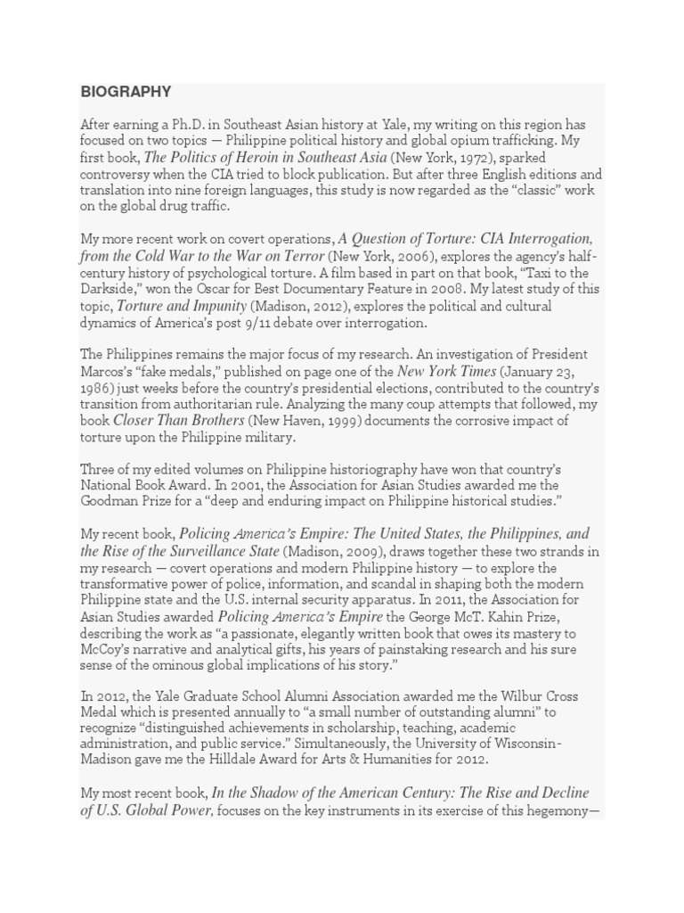 Alfred Mccoy BIOGRAPHY | PDF | International Relations