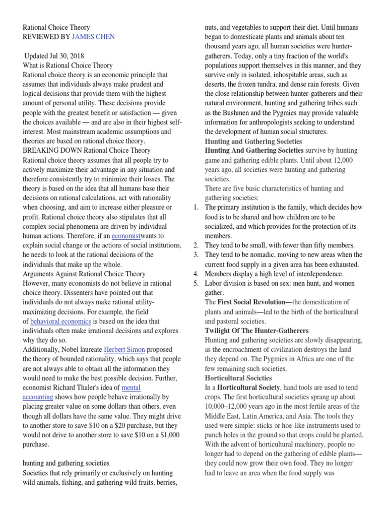 Rational Choice Theory Handout | PDF | Hunter Gatherer | Society