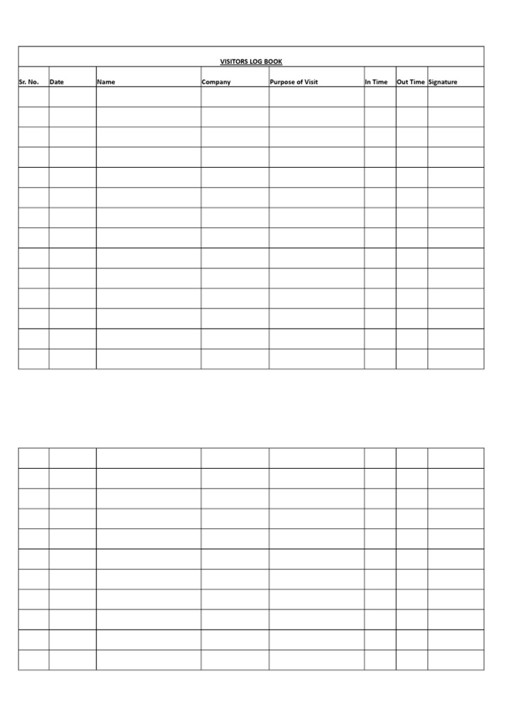 Visitors Log Book Sr. No. Date Name Company Purpose of Visit in Time ...