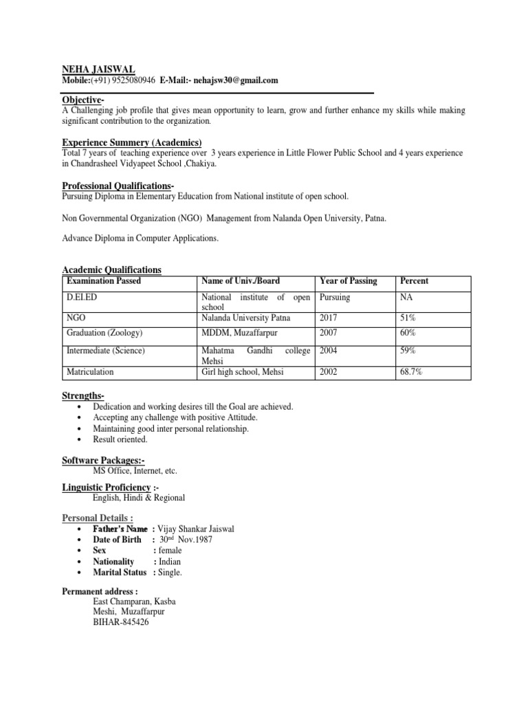 Neha Jaiswal: Personal Details | PDF | Career & Growth | Self-Improvement