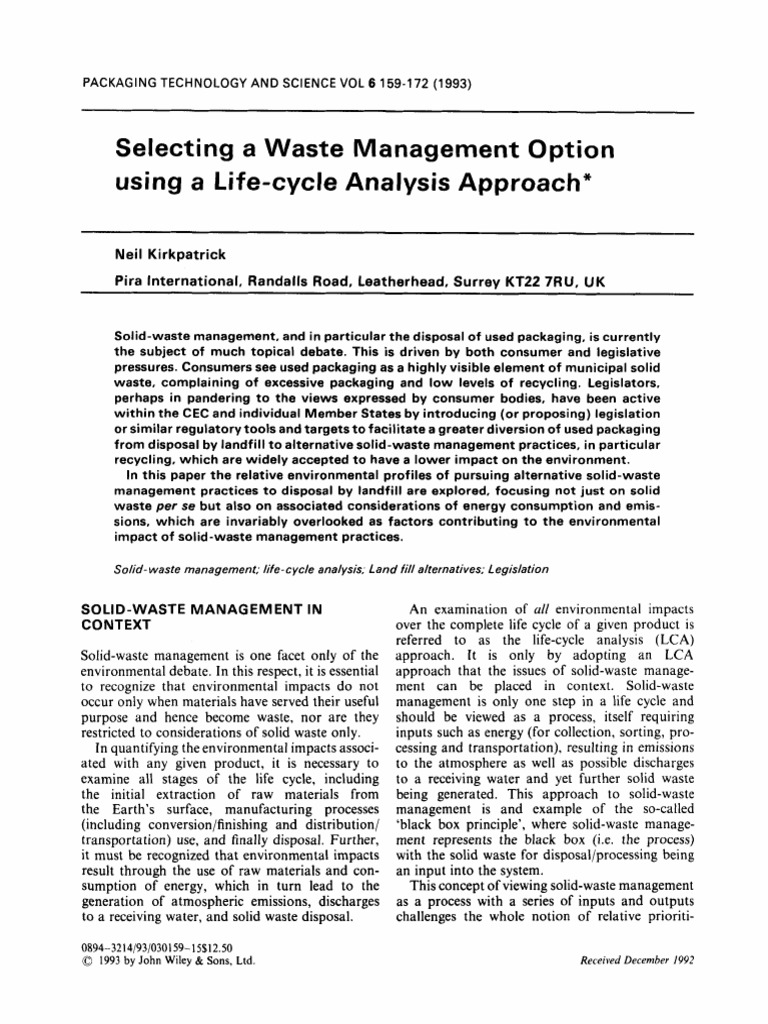 Selecting A Waste Management O P T I o N Using A Life-Cycle Analysis ...