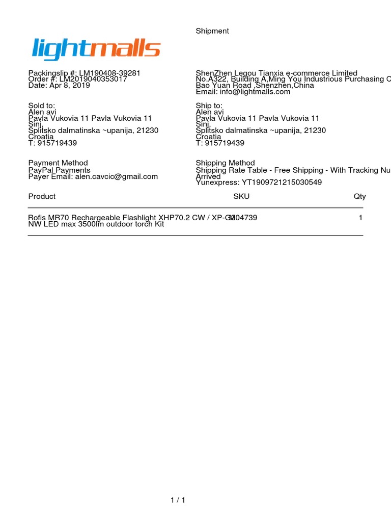 Doma Shipping Tracking for Rofis MR70 | PDF