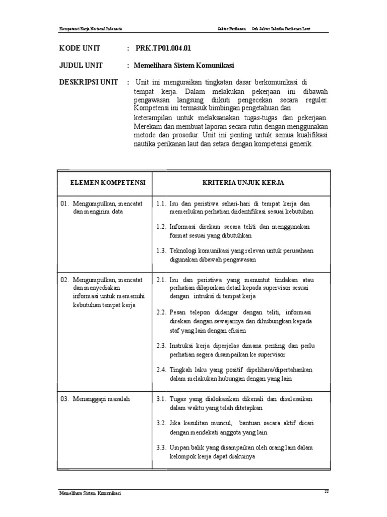 KODE UNIT : PRK.TP01.004.01 JUDUL UNIT : Memelihara Sistem Komunikasi DESKRIPSI UNIT : Unit ini ...
