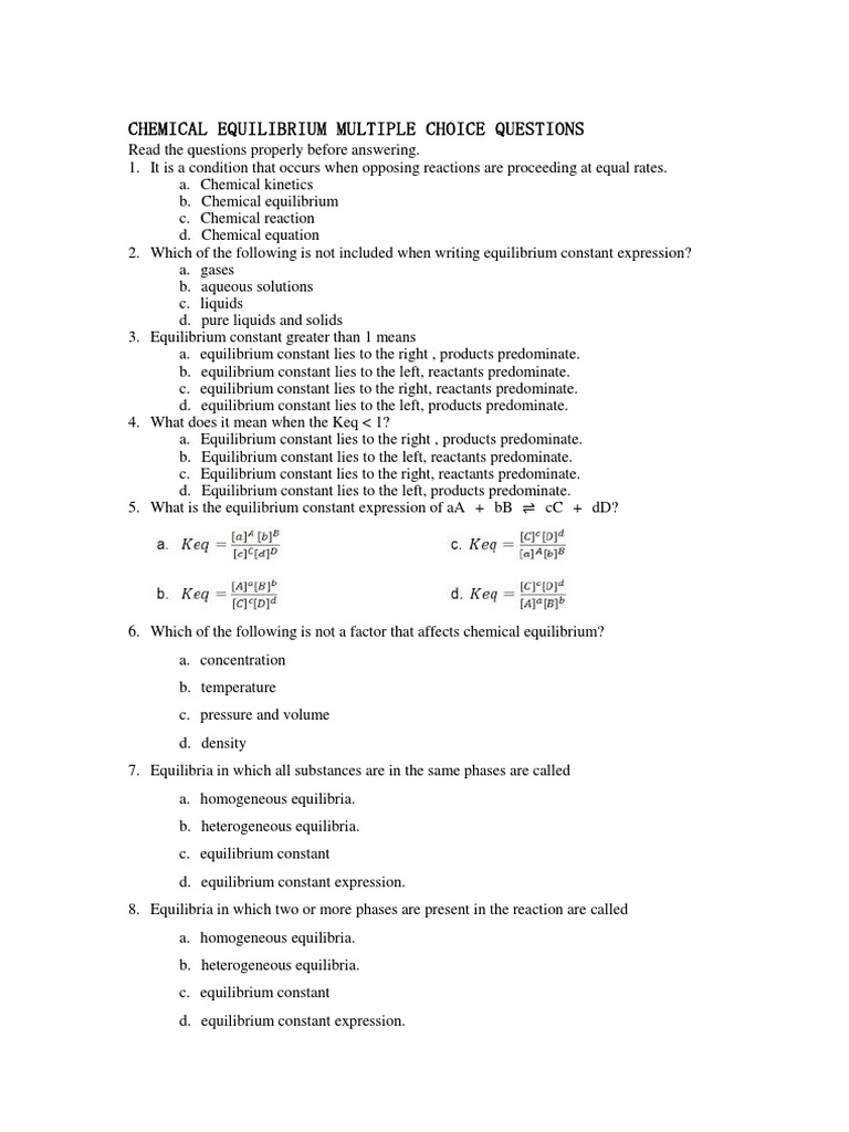 Chemical Equilibrium Multiple Choice Questions | PDF | Chemical ...