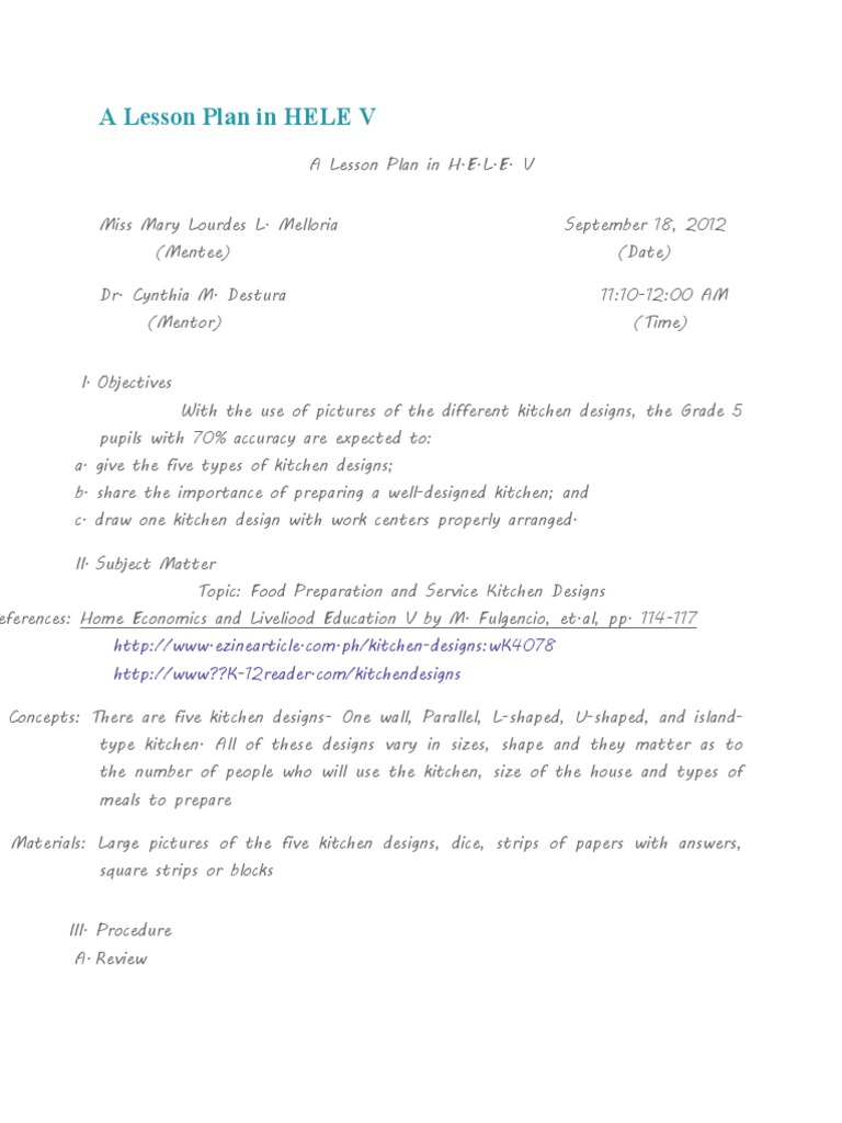 An Effective Lesson Plan on Kitchen Designs | PDF | Kitchen | Lesson Plan