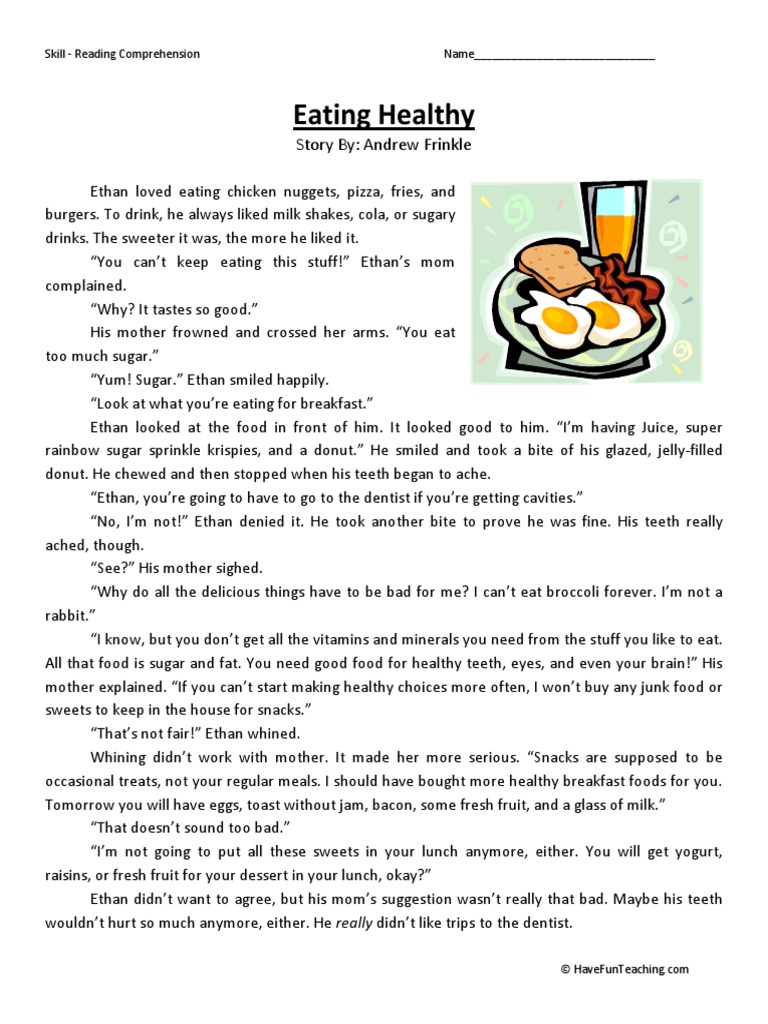 Eating Healthy Second Grade Reading Comprehension Worksheet | Lunch | Candy
