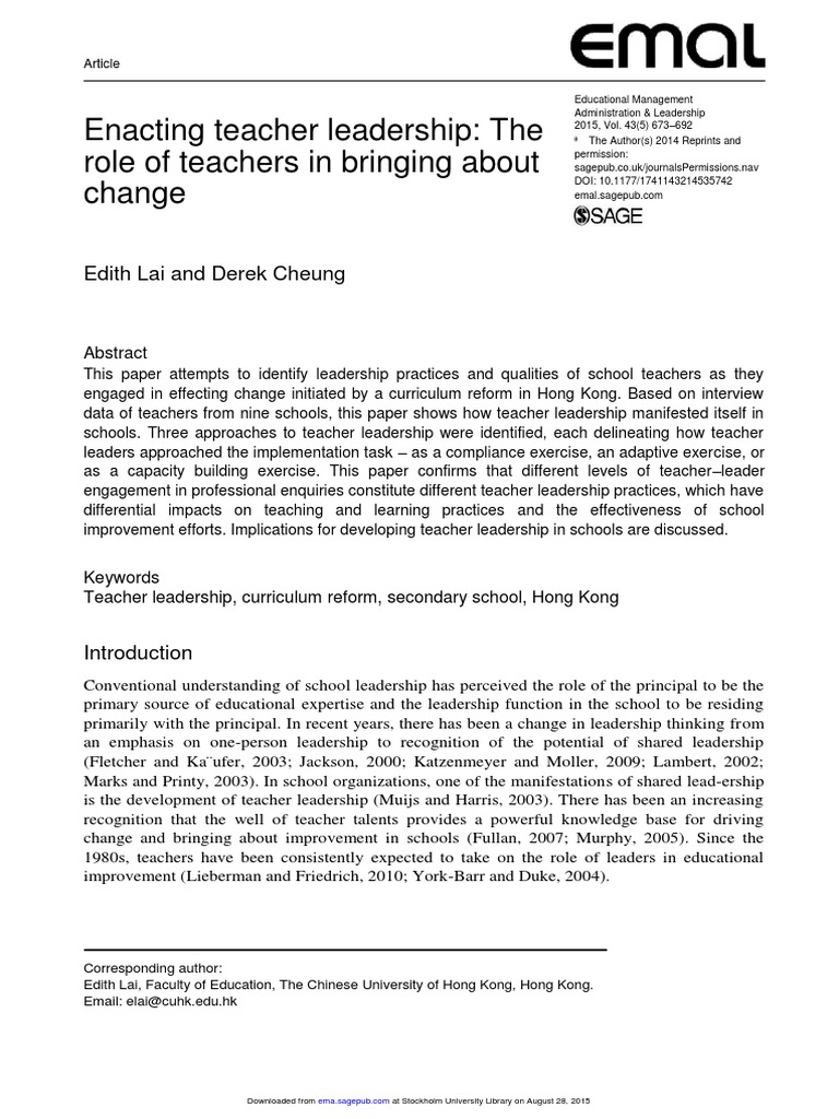 Enacting Teacher's Leadership | PDF | Teachers | Curriculum